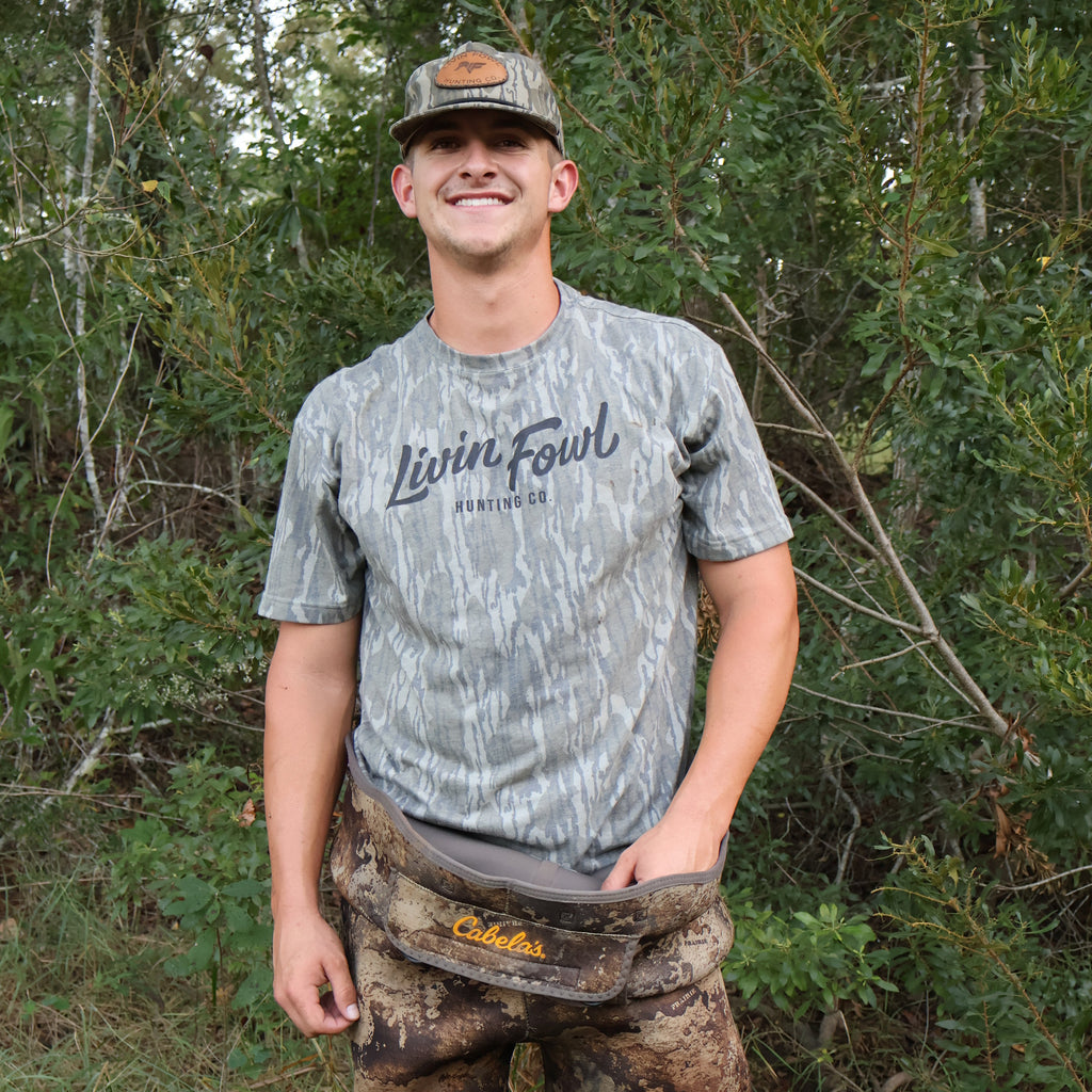 LF Script Logo - SS Faded Mossy Oak Bottomland – Livin Fowl